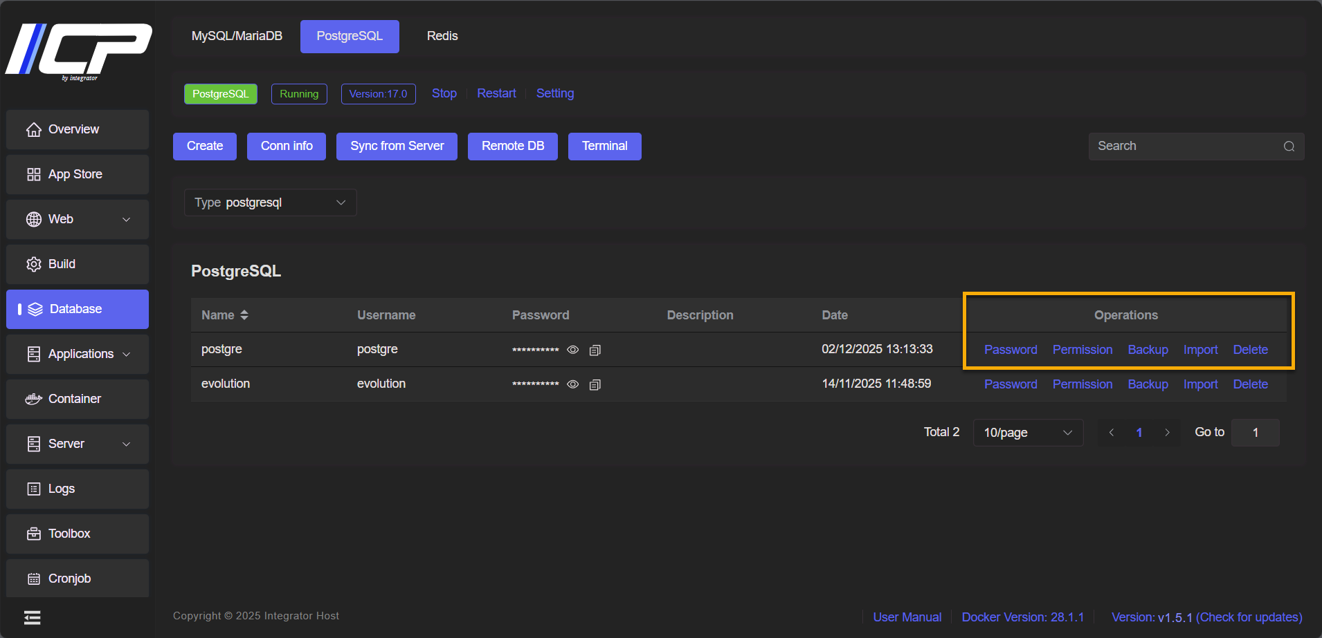 Edit PostgreSQL Database Details | iContainer